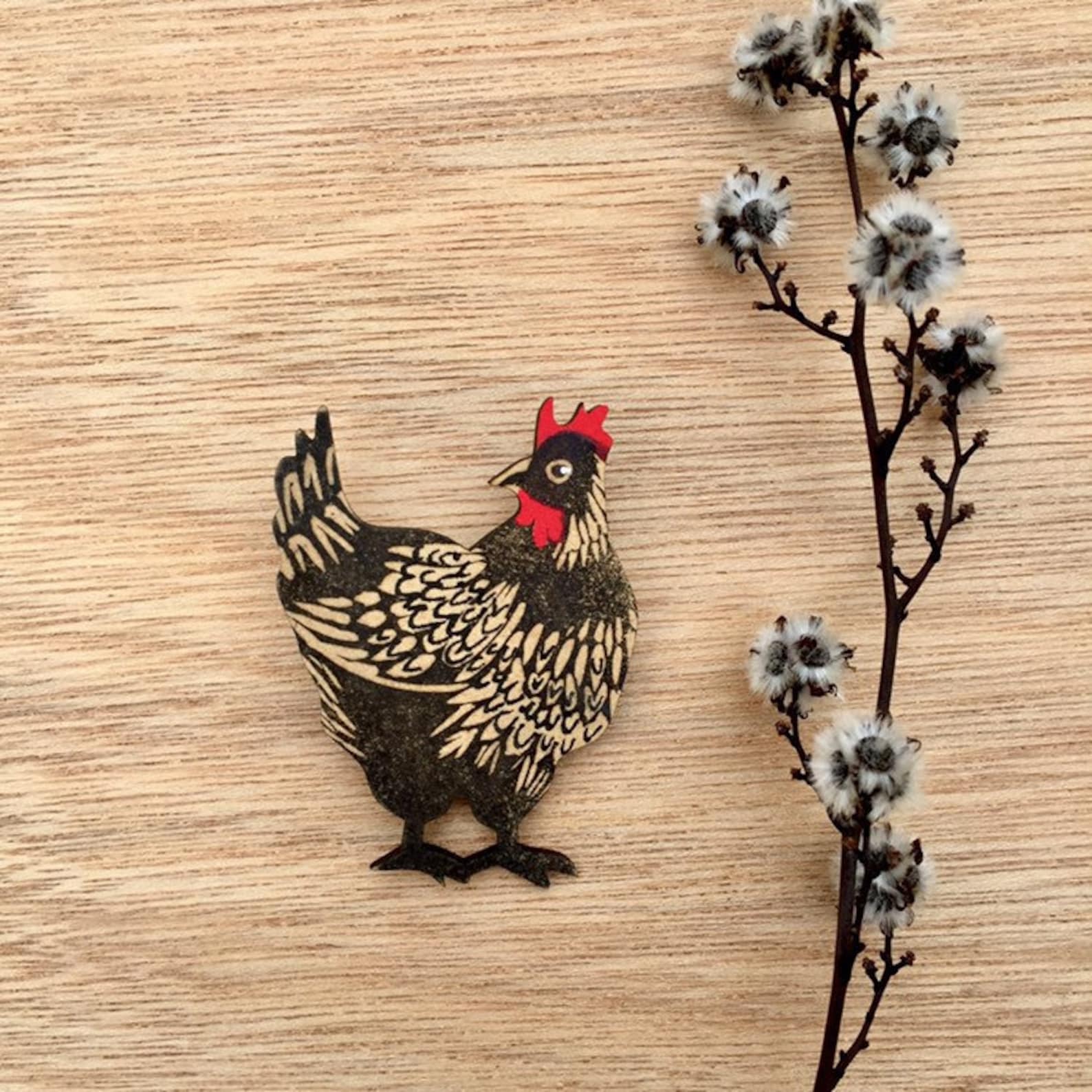 Black Hen Chicken Chook Bird Whimsical Hand Print Pigment Pin Brooch ...