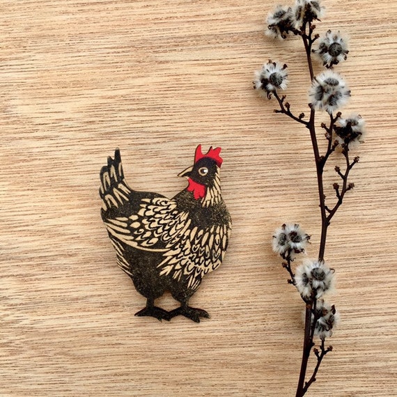 Black Hen Chicken Chook Bird Whimsical Hand Print Pigment Pin | Etsy