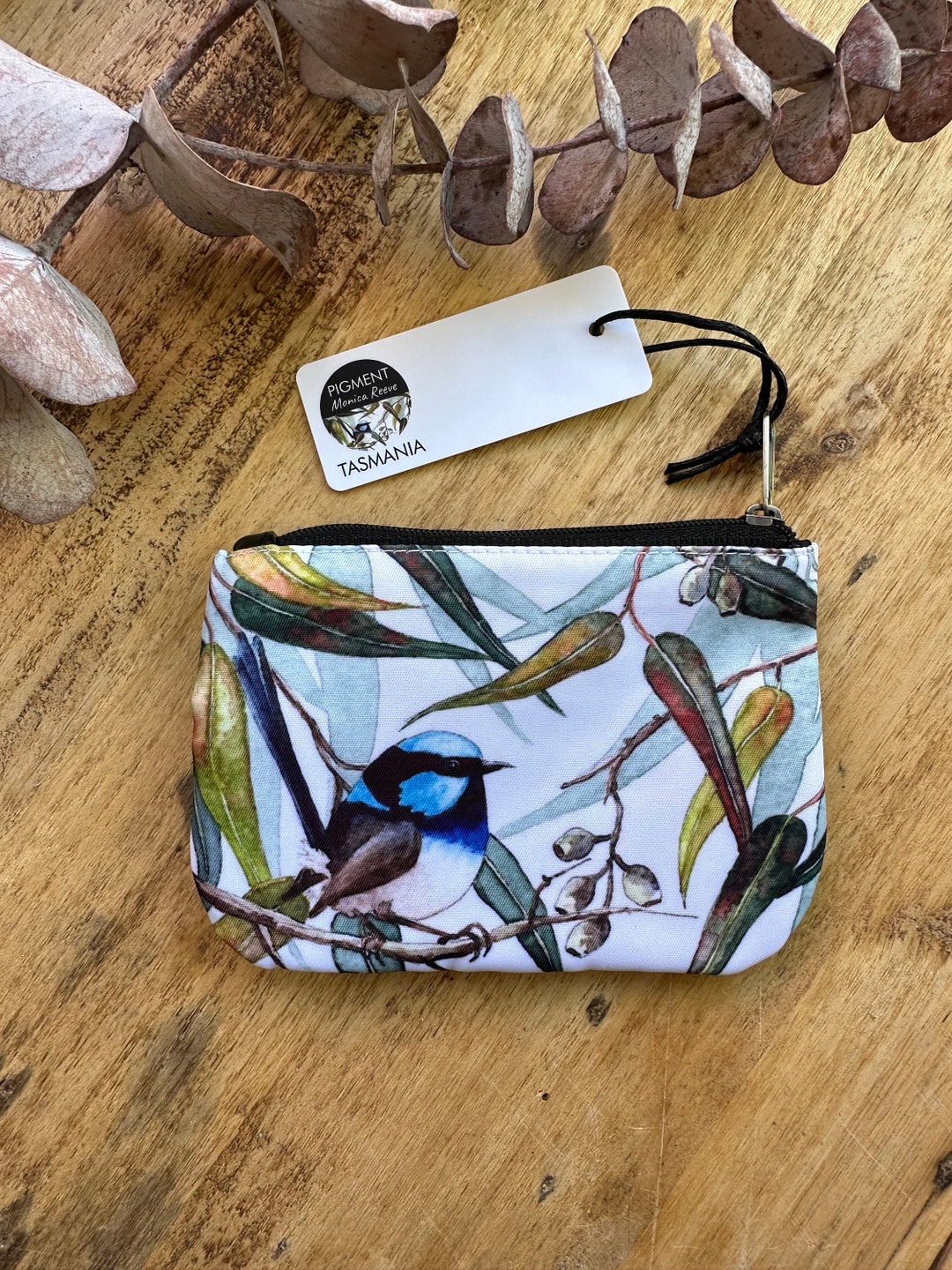 LARGE Coin Purse, Superb Fairywren, Blue Wren, Gum Leaves, Gift Idea ...