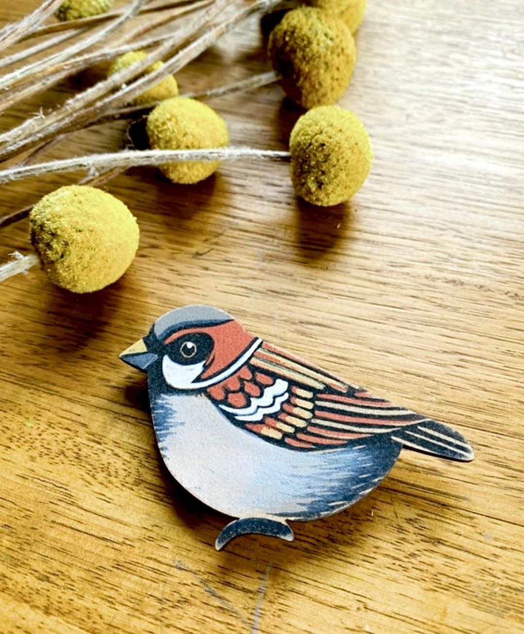 Sparrow Hand Print Bird Pigment Pins Brooch Funky Retro Wooden Laser ...