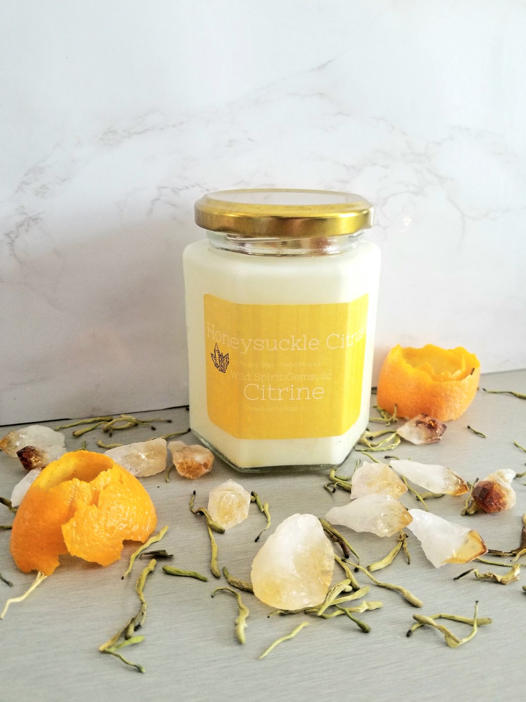 Honeysuckle Citrus Candle, Crystal Candle, Essential Oil Candle, Soy ...