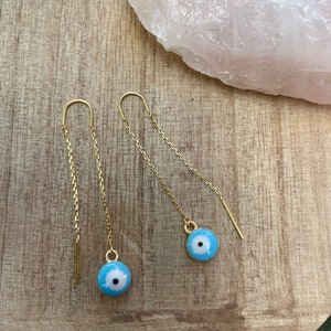 Gold Evil Eye Threader Earrings, Evil Eye Jewelry, Threader Earrings ...