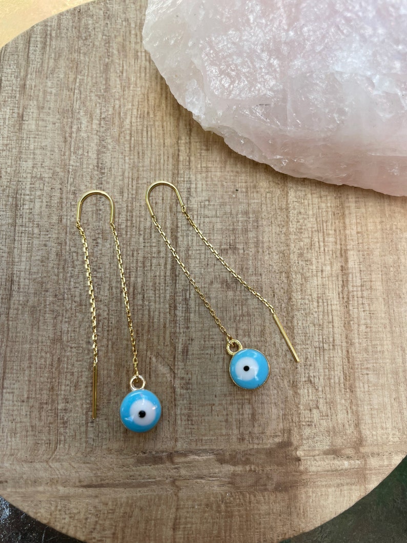 Gold Evil Eye Threader Earrings, Evil Eye Jewelry, Threader Earrings ...