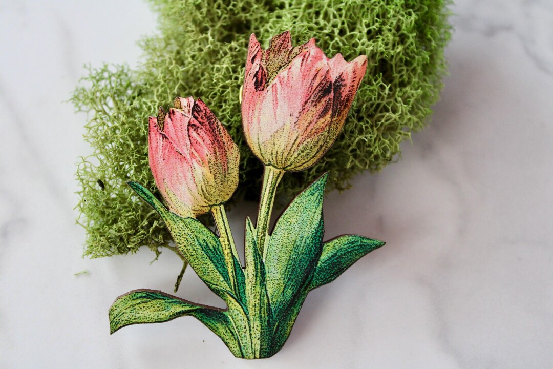 Pink Tulip Pin, Tulip Jewelry, Tulip Brooch, Wood Brooch, Spring ...