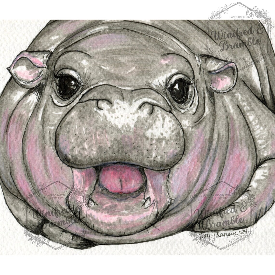 Moo Deng Illustration, Moo Deng Drawing, Ink Drawing, Acrylic Paint ...