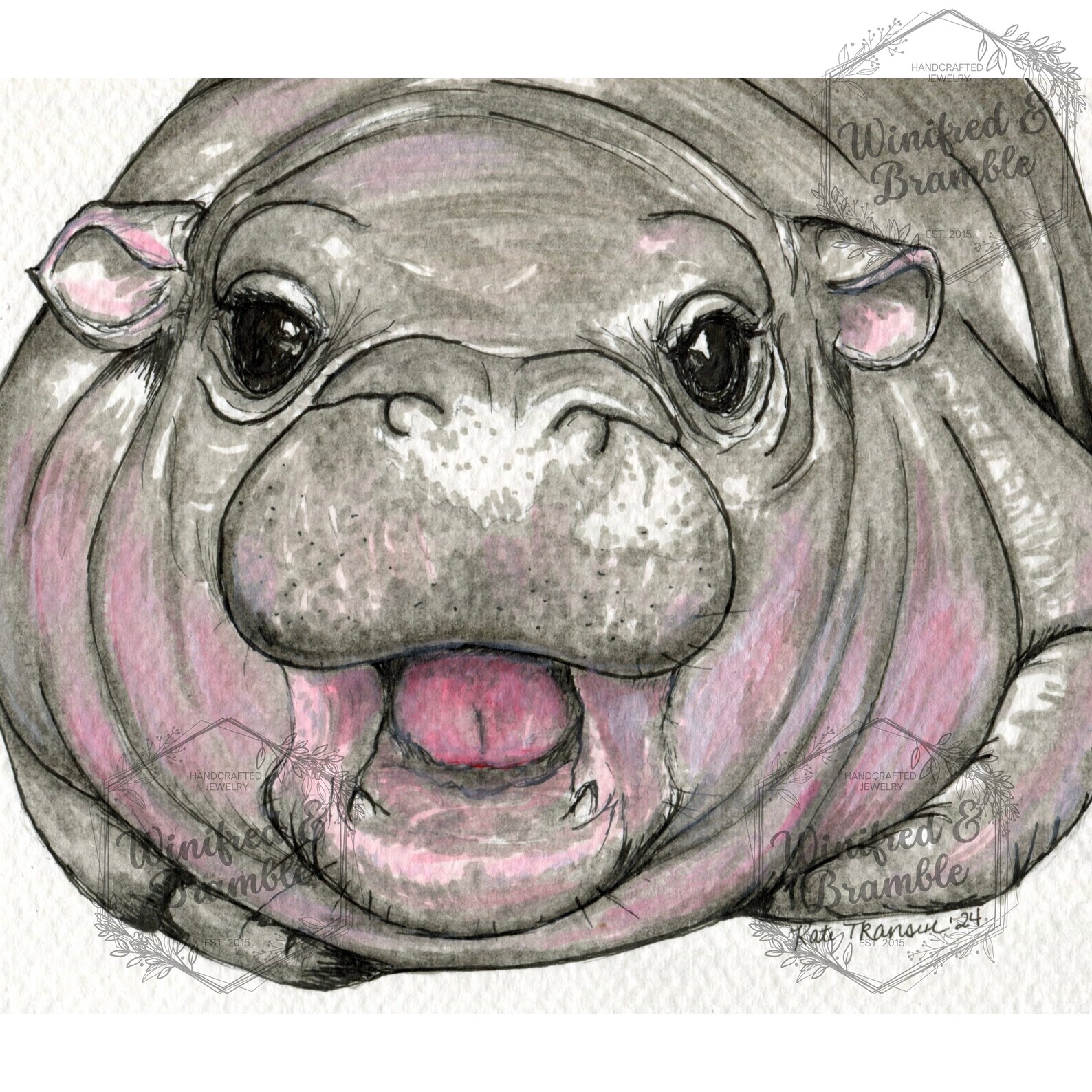Moo Deng Illustration, Moo Deng Drawing, Ink Drawing, Acrylic Paint ...