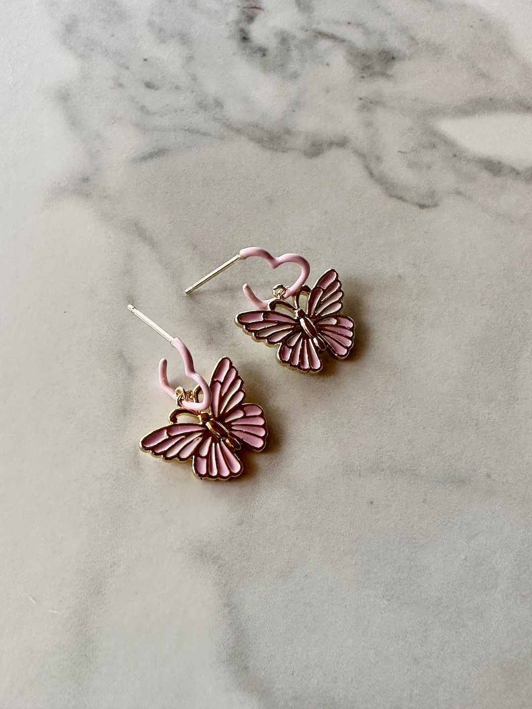 Barbie Pink Butterfly Heart Dangle Earrings, Butterfly Earrings ...