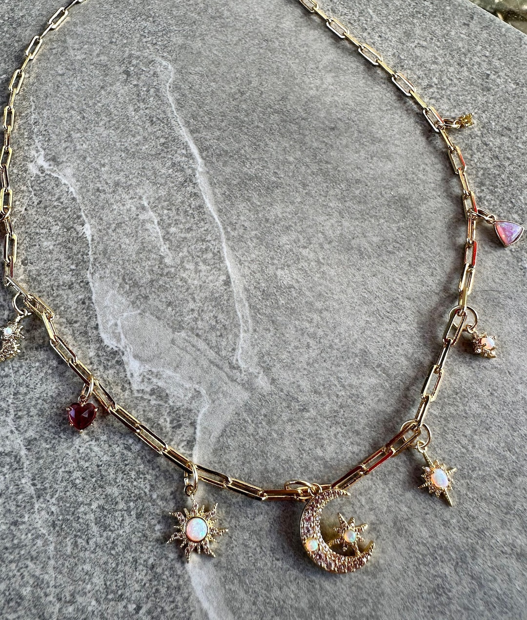 Gold Paperclip Chain Charm Necklace, Opal Charm Necklace, Celestial ...