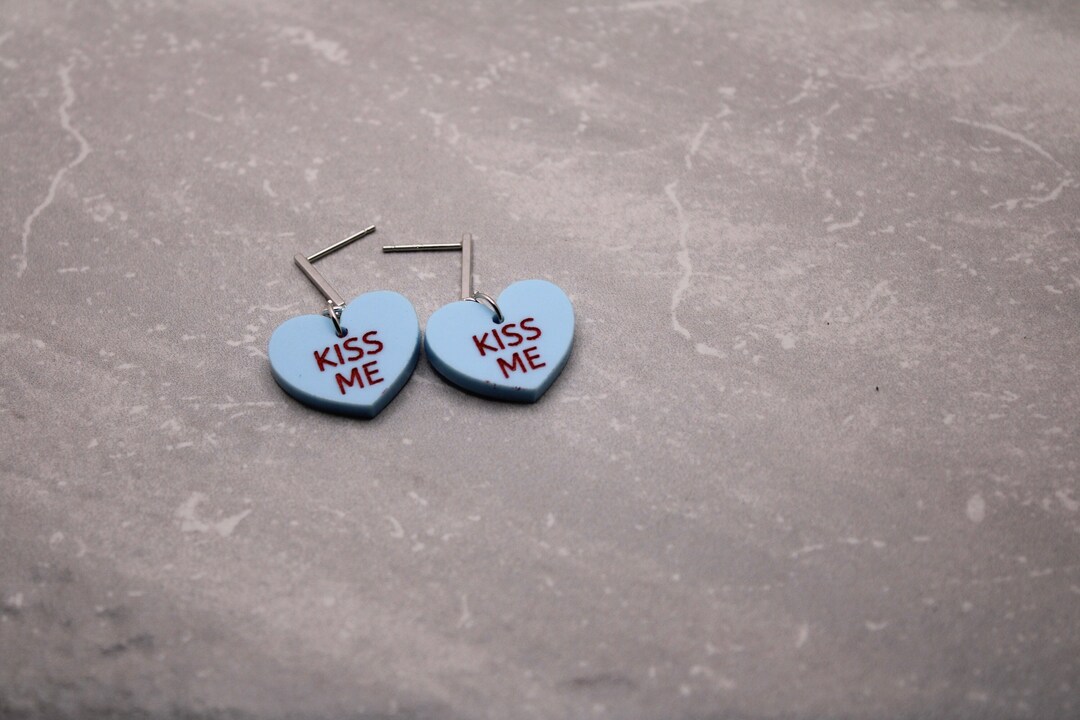Blue Candy Heart Earrings, Kiss Me, Kiss Me Earrings, Candy Heart ...