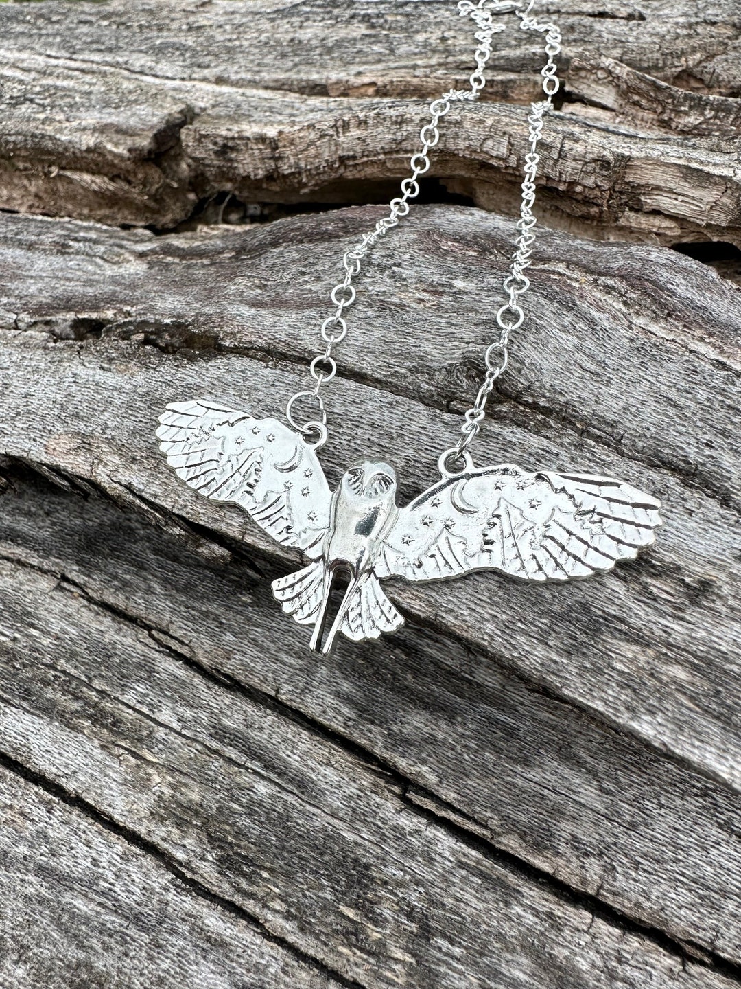 Silver Owl Necklace, Silver Necklace, Crescent Moon Necklace, Silver ...