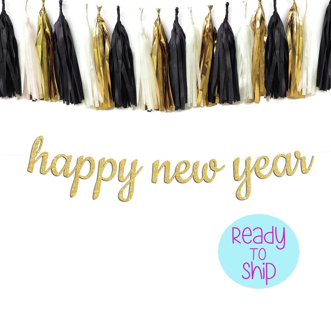 Happy New Year Cursive Gold Glitter Banner New Year's Eve | Etsy