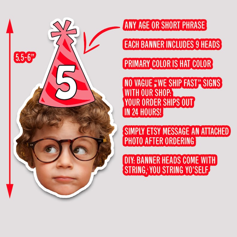 Custom Face Photo Banner With Birthday Hat Any Color & Any Age - Etsy