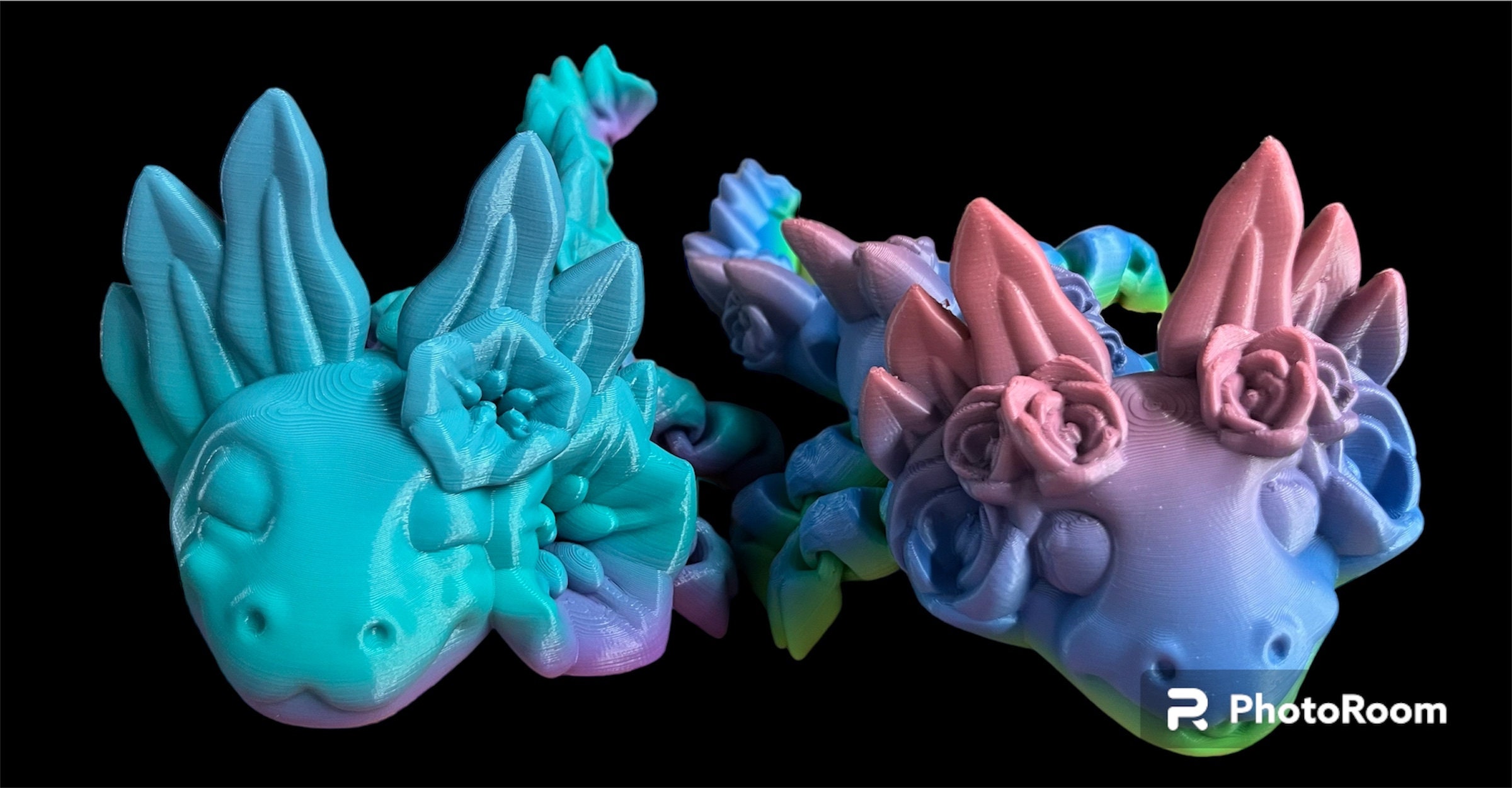 Articulated Rose and Sleepy Axolotl 3D Printed in Rainbow PLA Filament ...