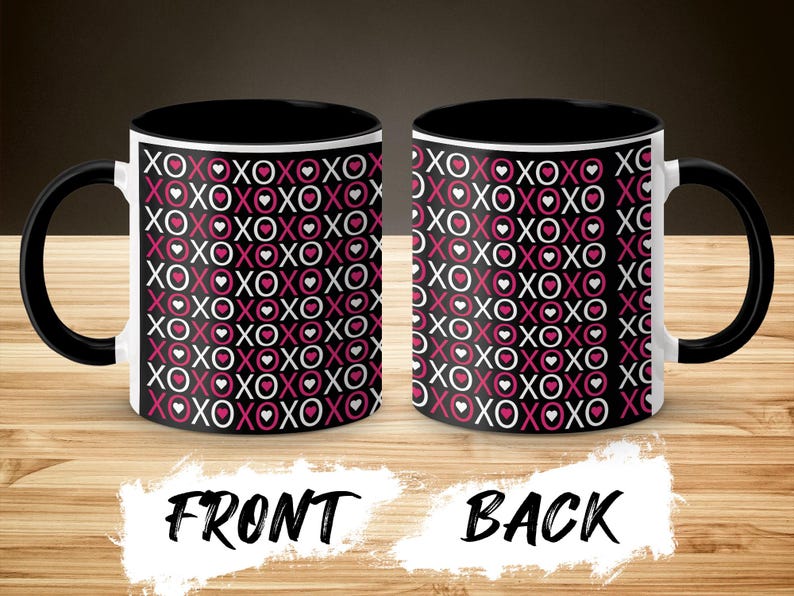 Hugs and Kisses Mug: XOXO Pattern, Hearts, Black Background - Etsy UK