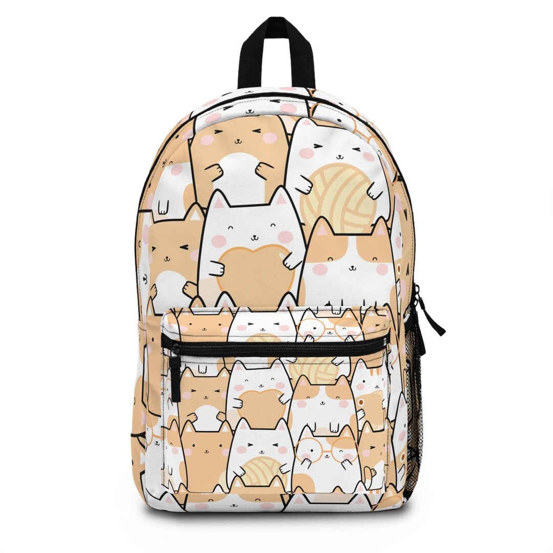 Cute Cat Print Backpack, Kawaii Cartoon Kitten Design, School Bag ...