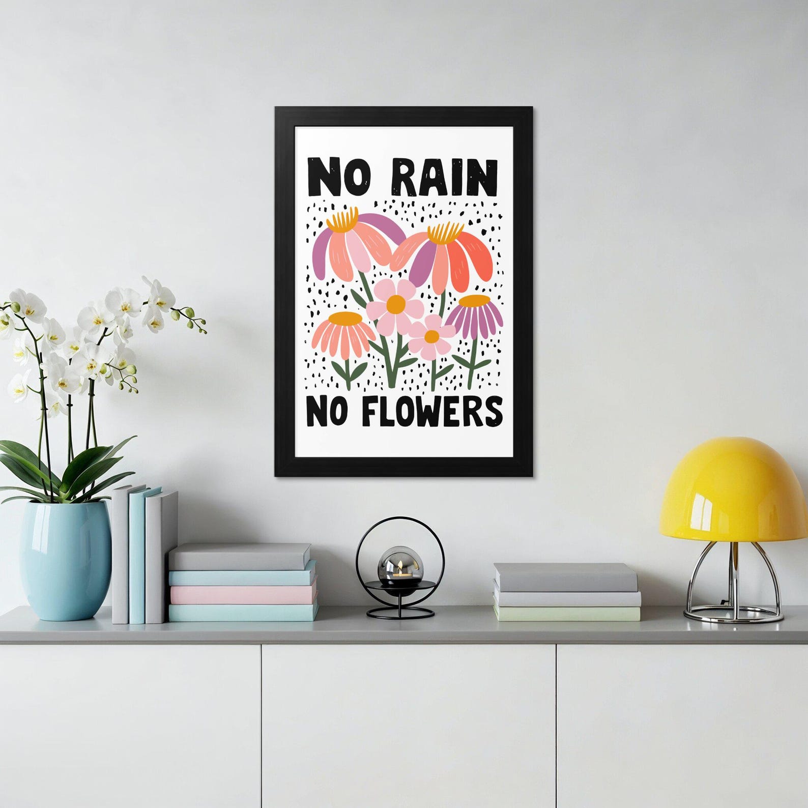 Boho Floral Wall Art Print Quote: No Rain No Flowers - Dopamine Decor ...