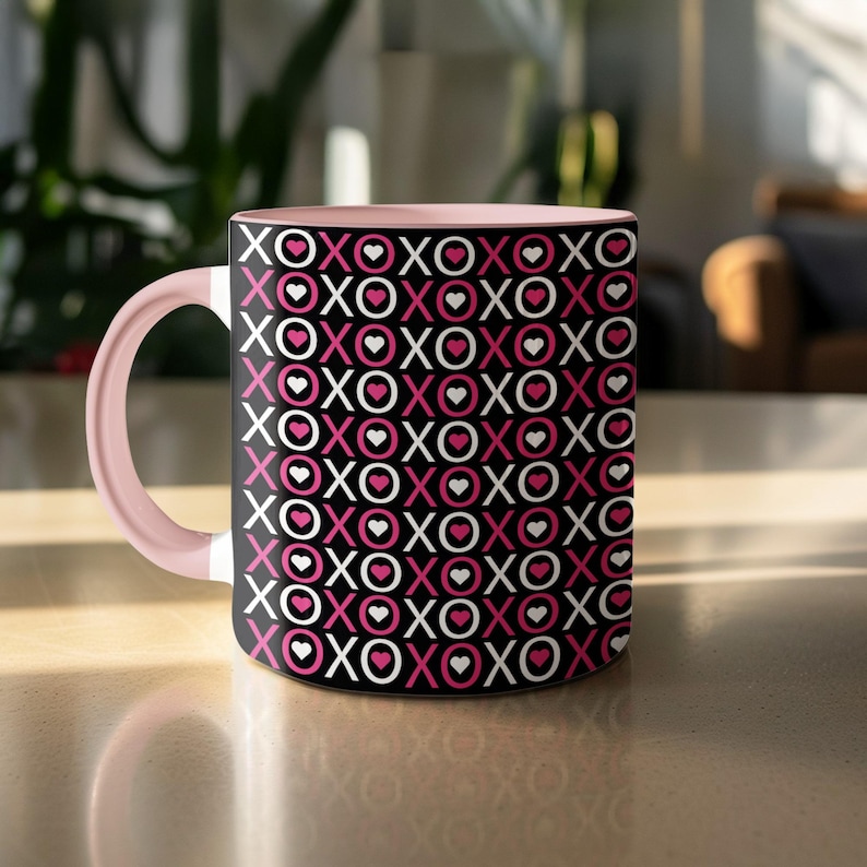 Hugs and Kisses Mug: XOXO Pattern, Hearts, Black Background - Etsy UK