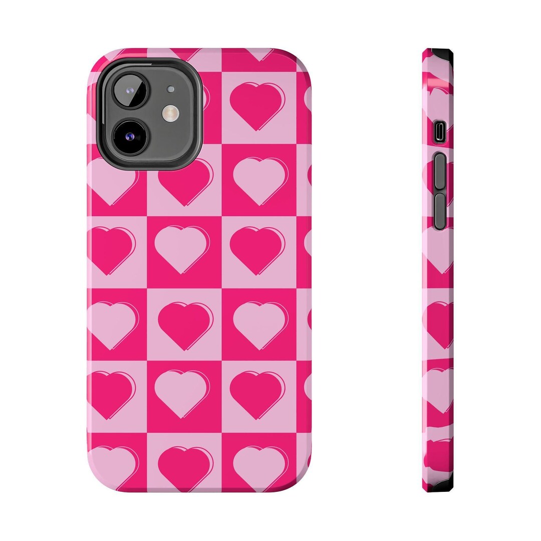 Cute Pink Heart Checkered Phone Case, Trendy Girly Phone Cover, Tough ...
