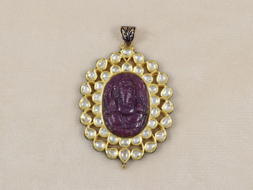 Indian 22K Gold Pendant With Natural Diamonds and Natural Ruby Ganesh ...