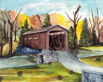 COVERED BRIDGE II Watercolor Fine Art Print by Artist D J - Etsy