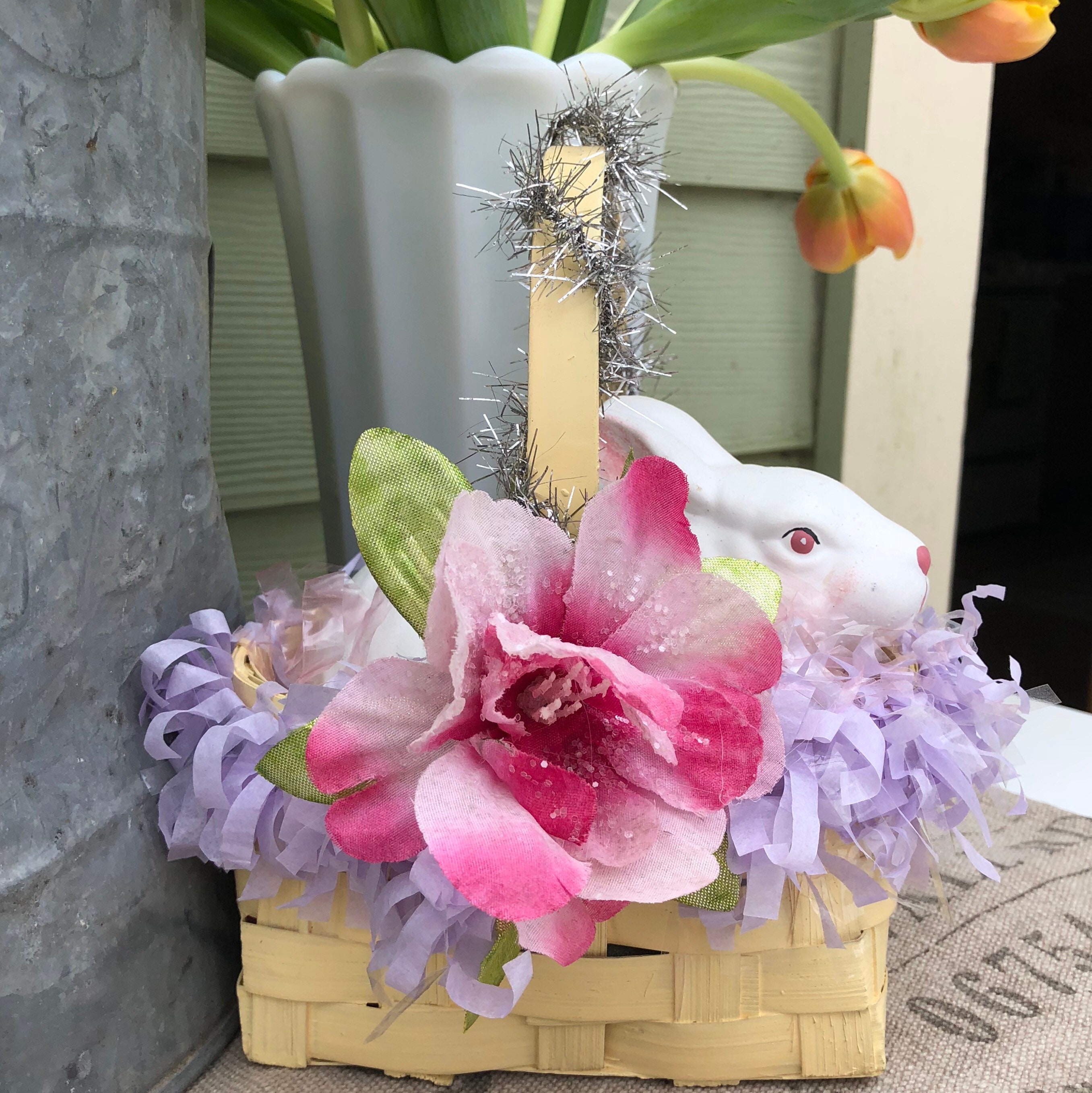 Shabby Chic Cottage Style Easter Decor With Yellow Basket, Ceramic ...