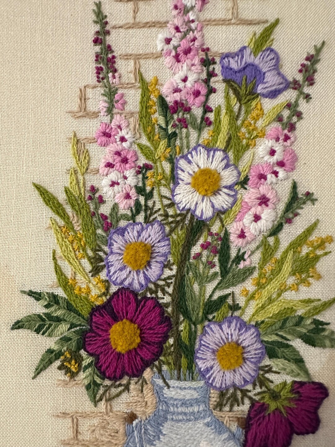 Vintage 70s 80s, Flower Art, Crewel Art, Milk Can, Purple Wild Flowers ...