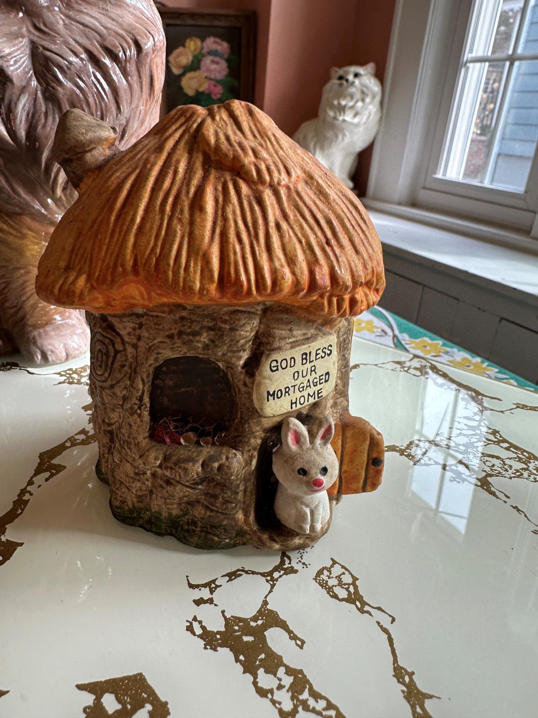 Vintage Bunny Cottage Bank, 1970s Enesco Coin Bank, Woodland Cottage ...