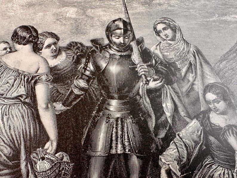 Antique Print, Knight and Maidens, Medieval Scene, Knight in Armor (AR ...