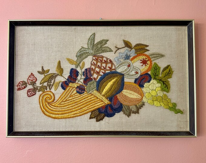 Vintage Crewel Embroidery, 1970s Cornucopia Full of Vegetables, Framed ...