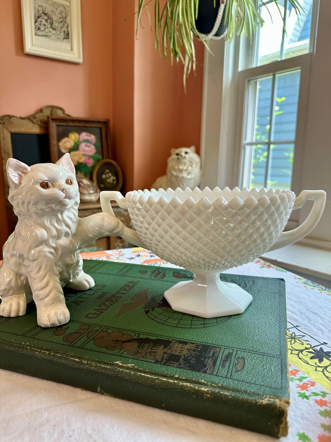 Vintage Milk Glass Bowl, Diamond Hobnail, Trophy Compote, Westmoreland ...