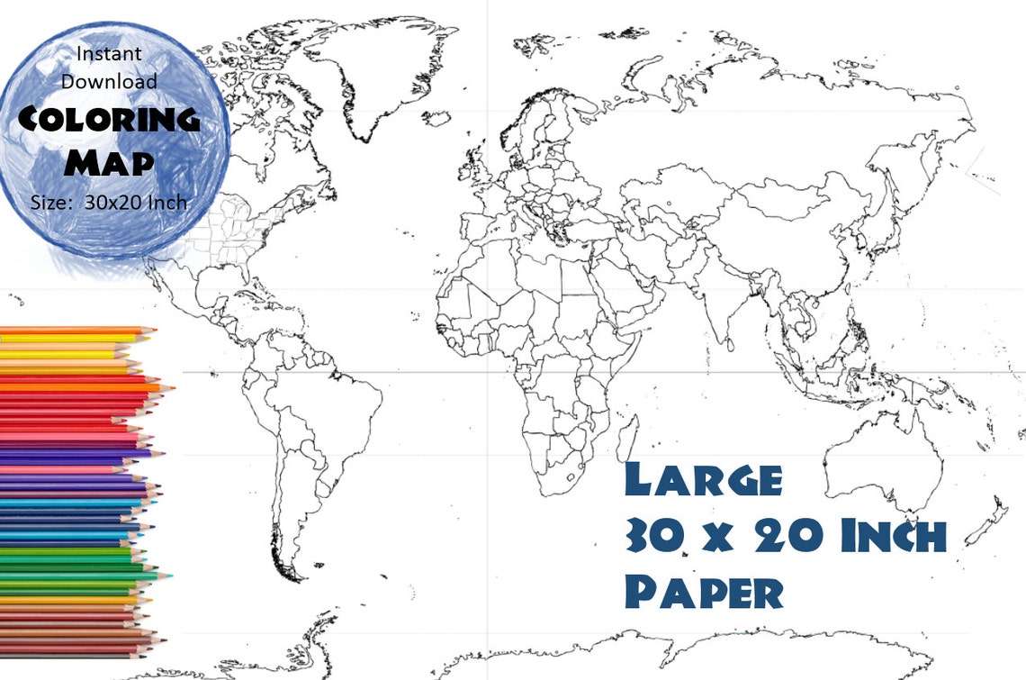 World Map 30x20 Inches | Coloring Map | Black & White Map | Countries ...