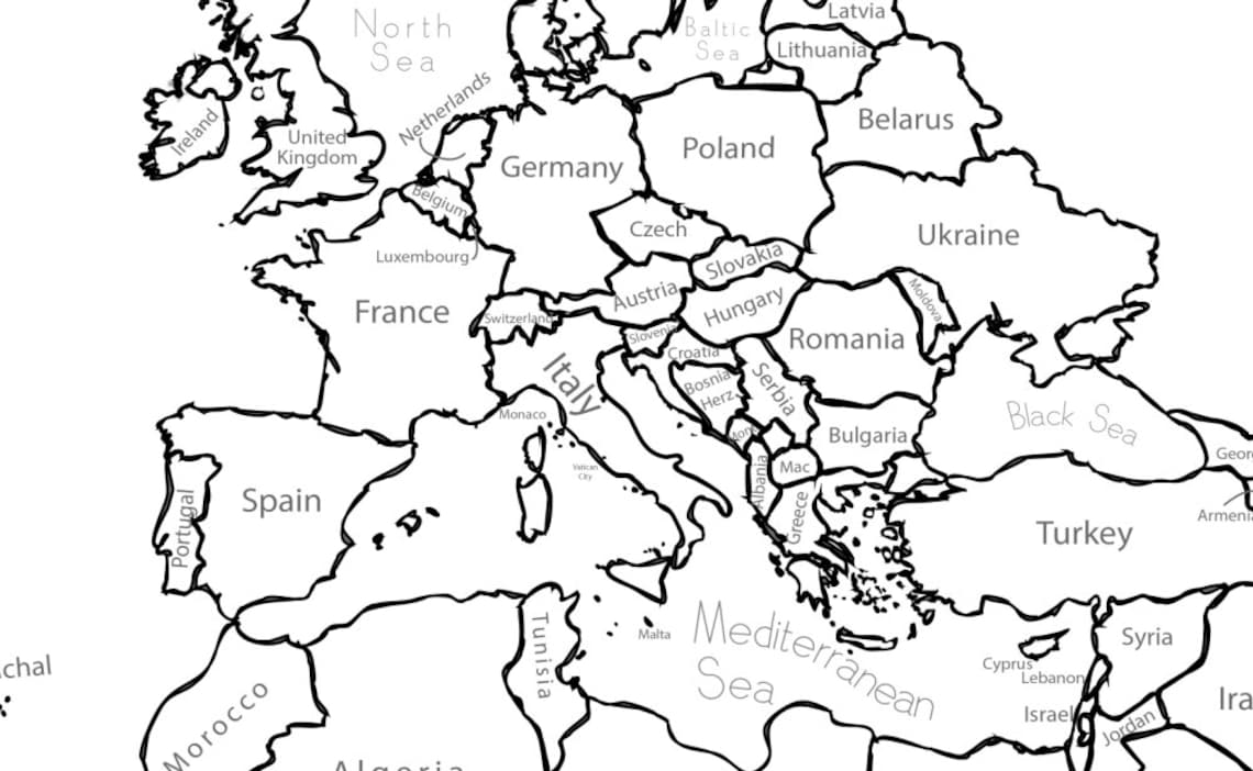 Coloring Page World Map Labeled, Extra Large 48x32 Inch and 120x80 Cm ...