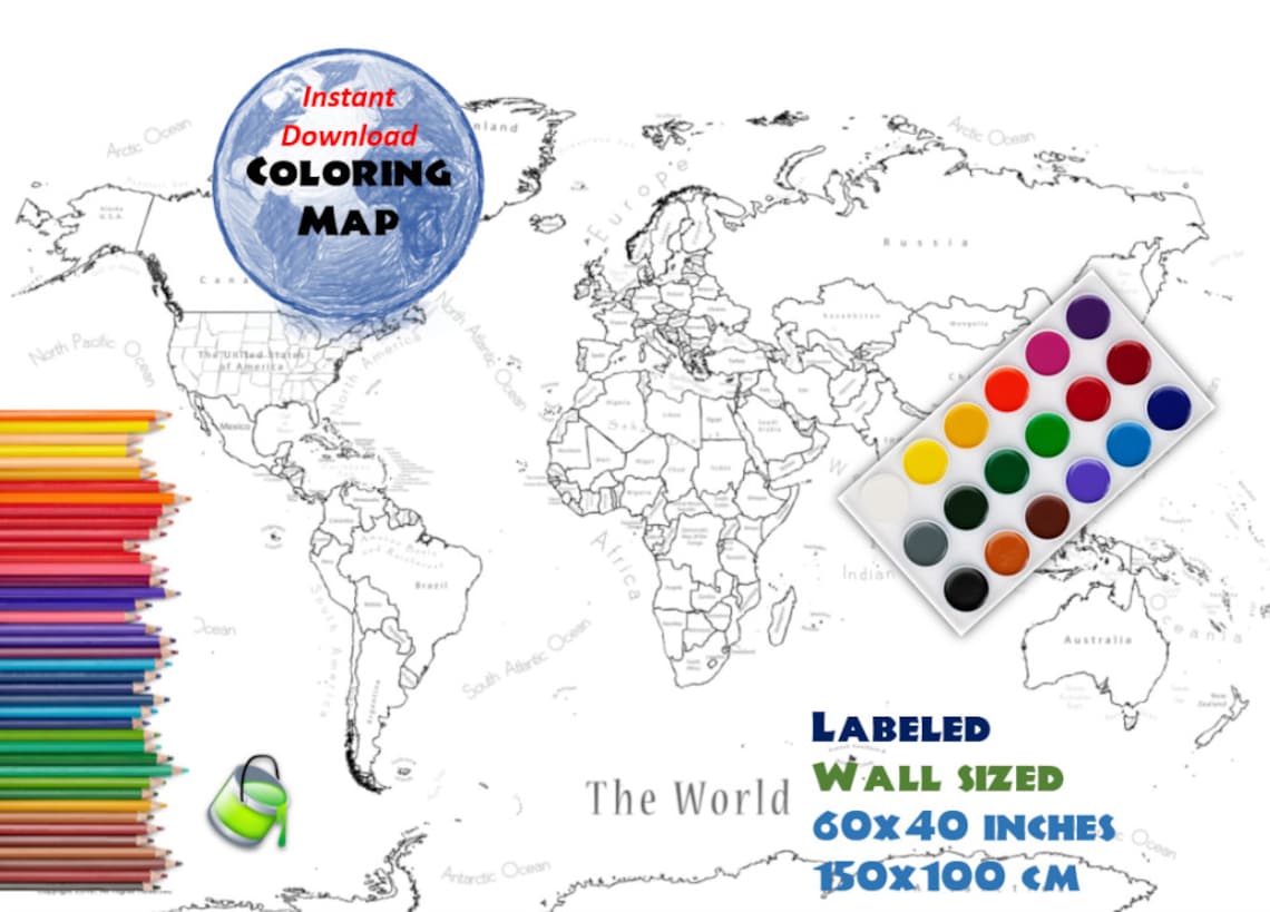 Giant Coloring World Map - Labeled - 60x40 Inch and 150x100 Cm ...