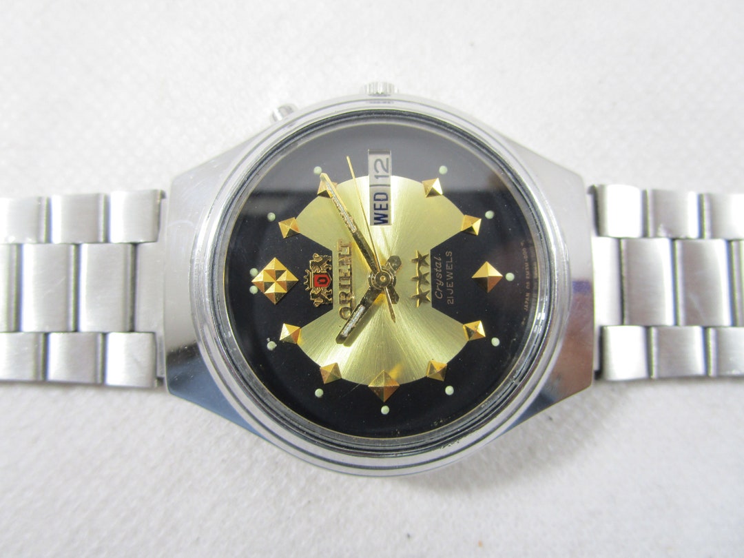 Vintage ORIENT Crystal 21 Jewels Automatic DAY-DATE Swiss Made Steel # ...