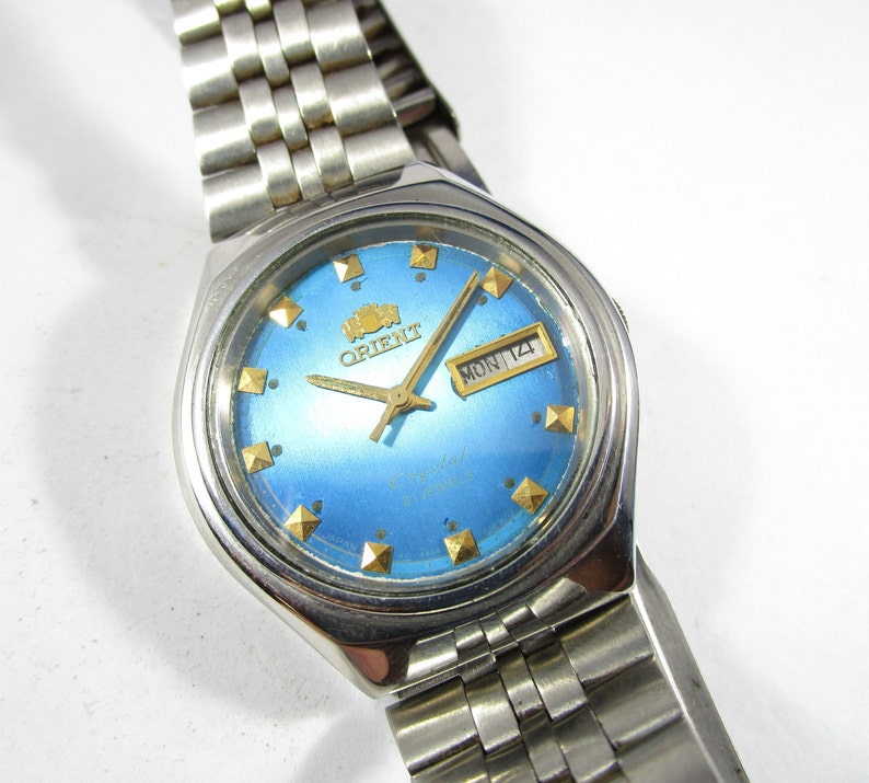 ORIENT Crystal Vintage Watch Day-date Gorgeous Original BLUE Dial Day ...