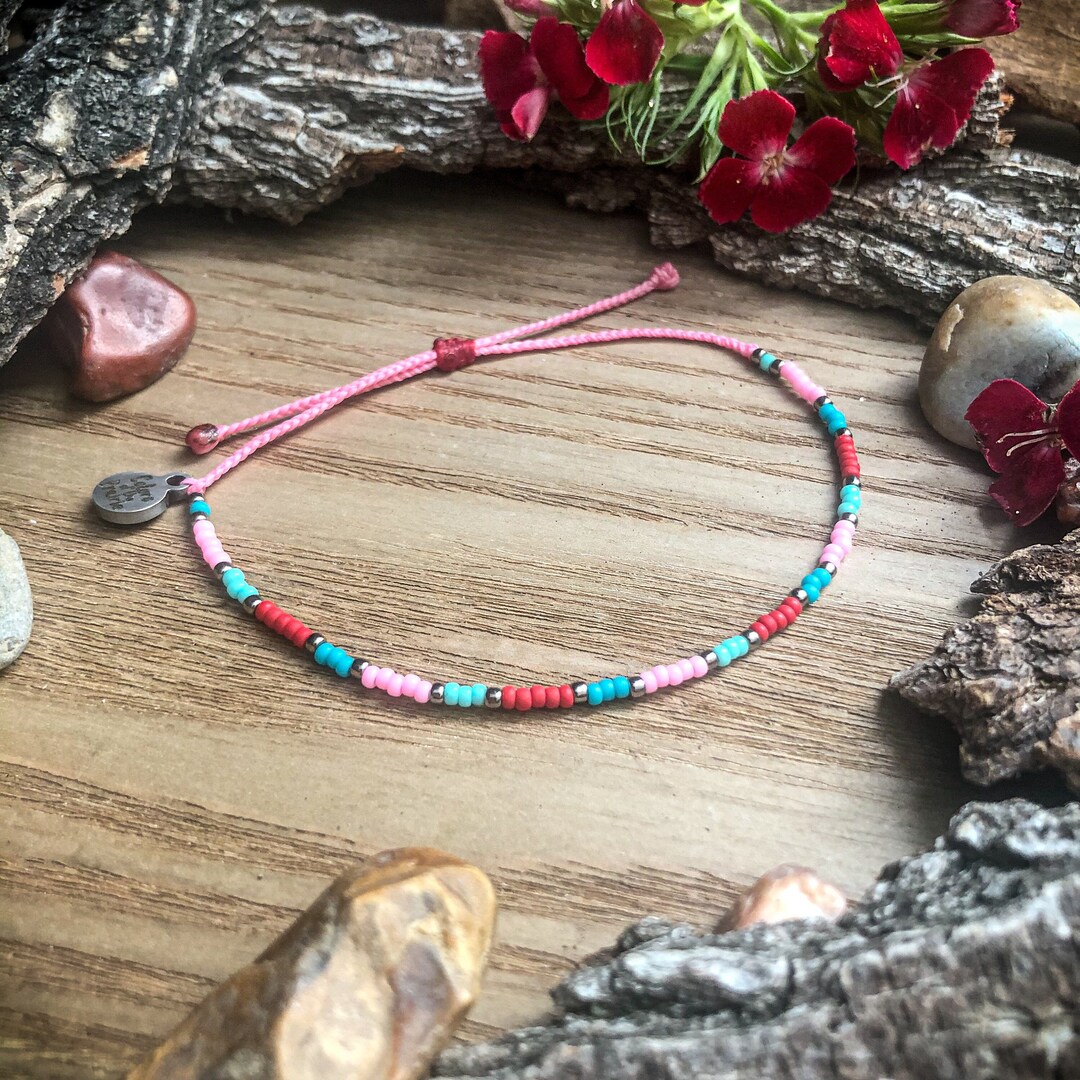 PINK PEPPERMINT Seed Bead Tiny Beaded Bracelet, Adjustable String ...