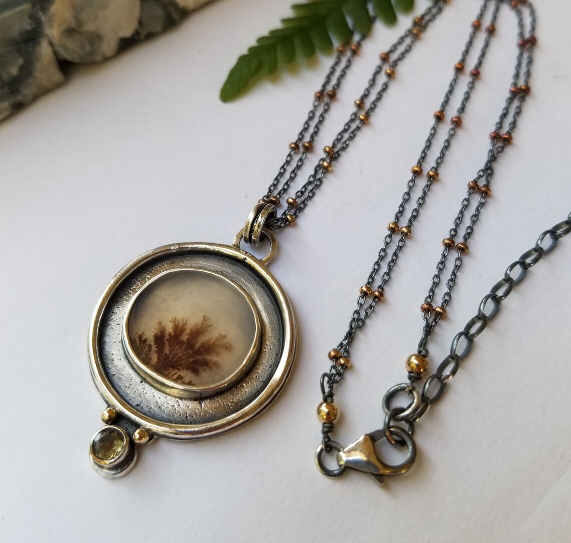 Dendritic Landscape Pendant, Sterling Silver, Faceted Tourmaline, 18K ...