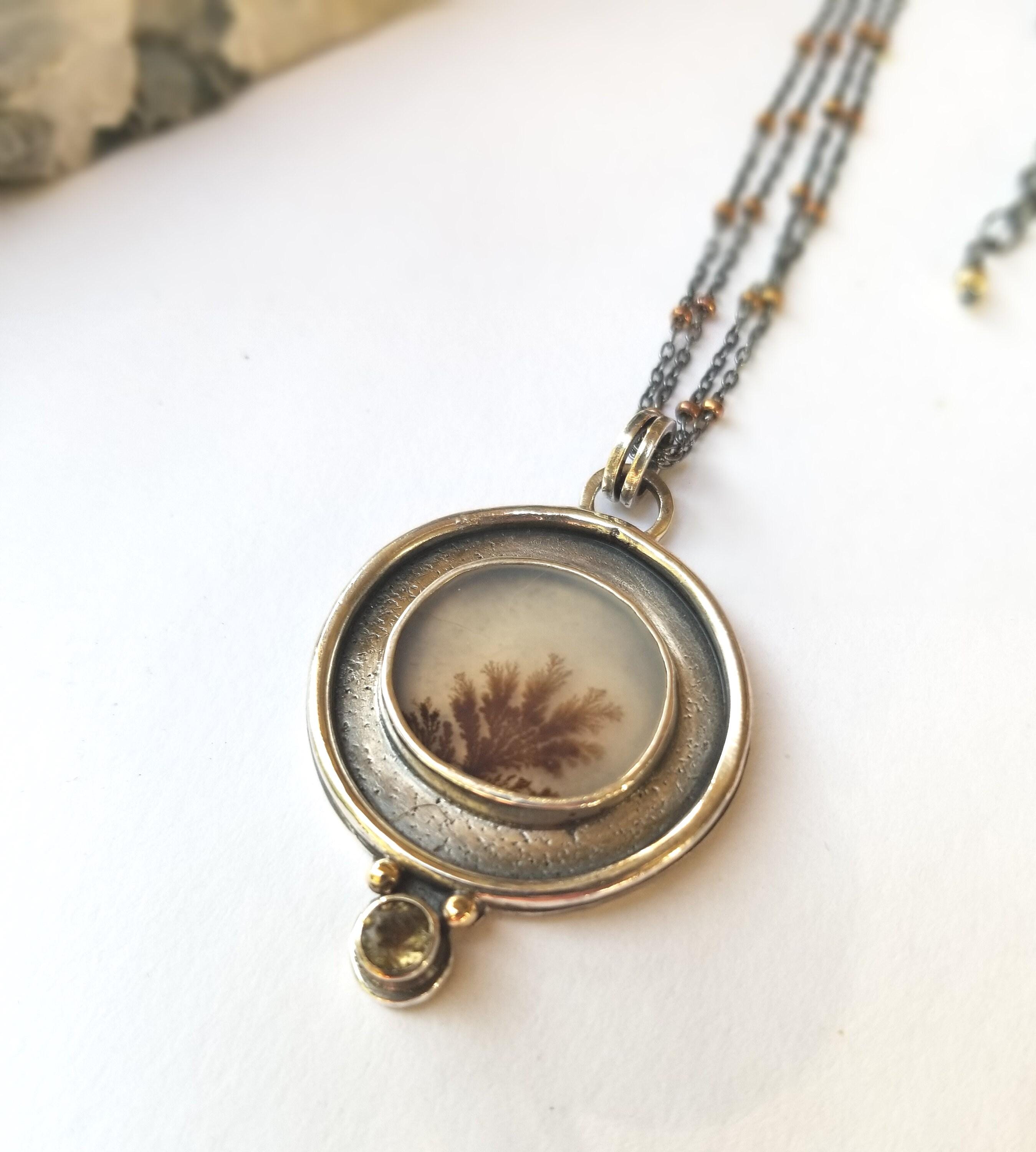 Dendritic Landscape Pendant, Sterling Silver, Faceted Tourmaline, 18K ...