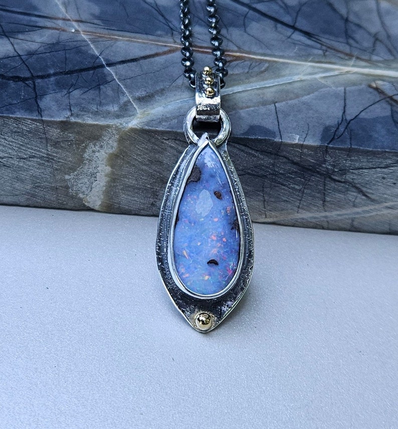 Solid Boulder Opal Sterling Silver Pendant, 18 K Gold, Flashy Rainbow ...