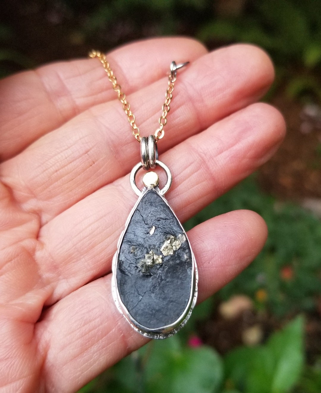 Black Slate and Pyrite Necklace Sterling Silver 14K Gold - Etsy