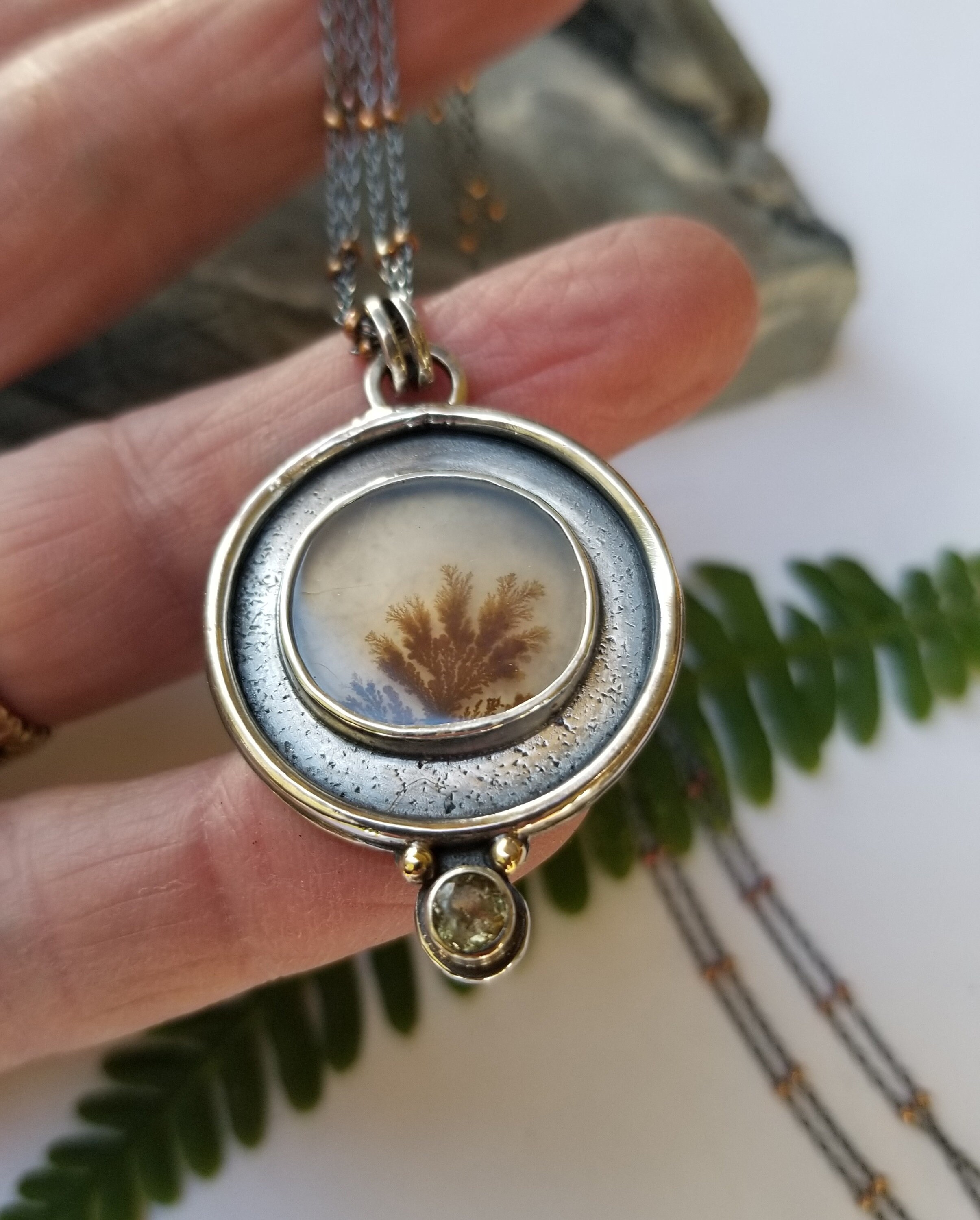 Dendritic Landscape Pendant, Sterling Silver, Faceted Tourmaline, 18K ...