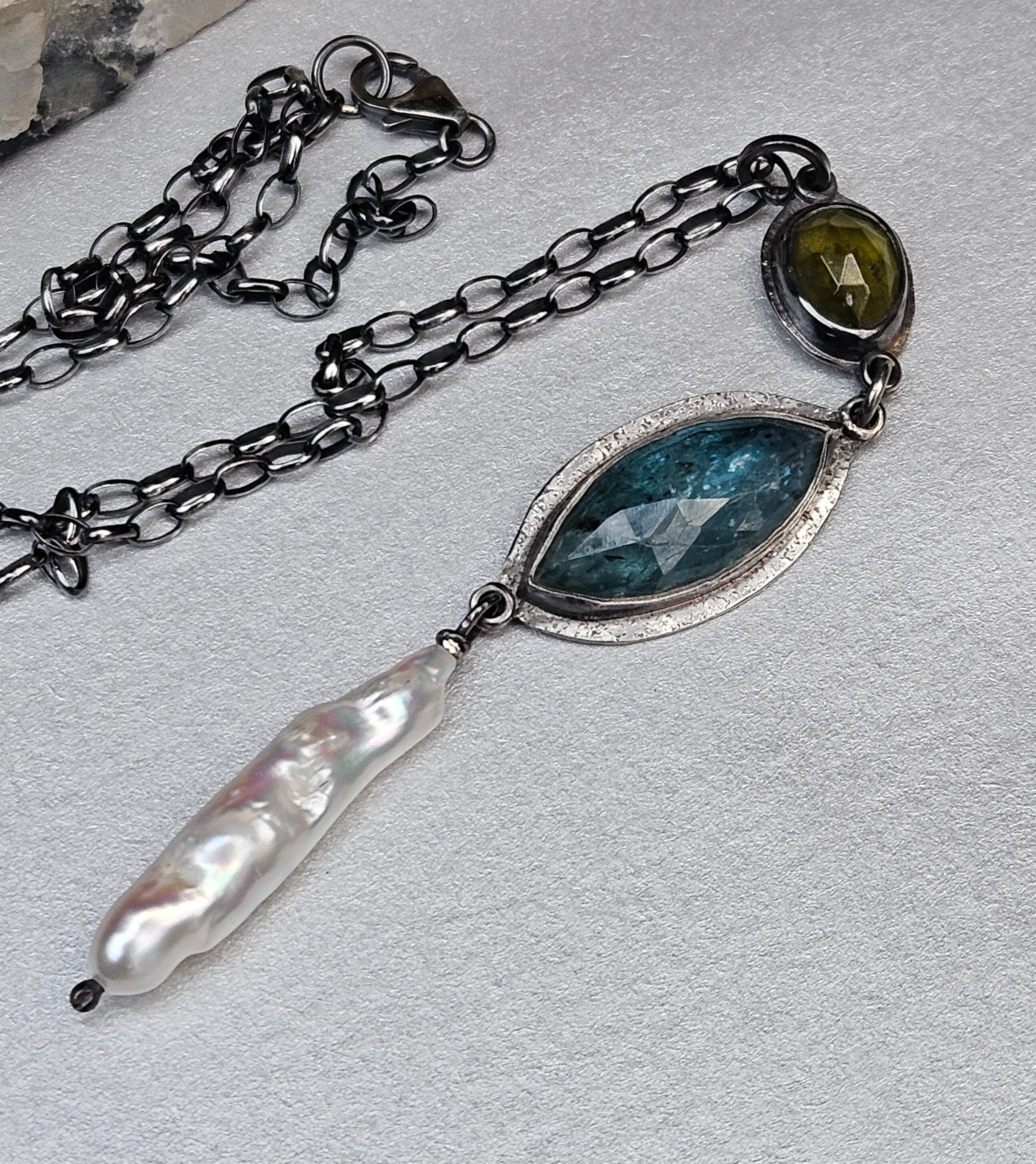 Three Stone Necklace, Vesuvianite, Blue Kyanite, Biwa Pearl, Sterling ...