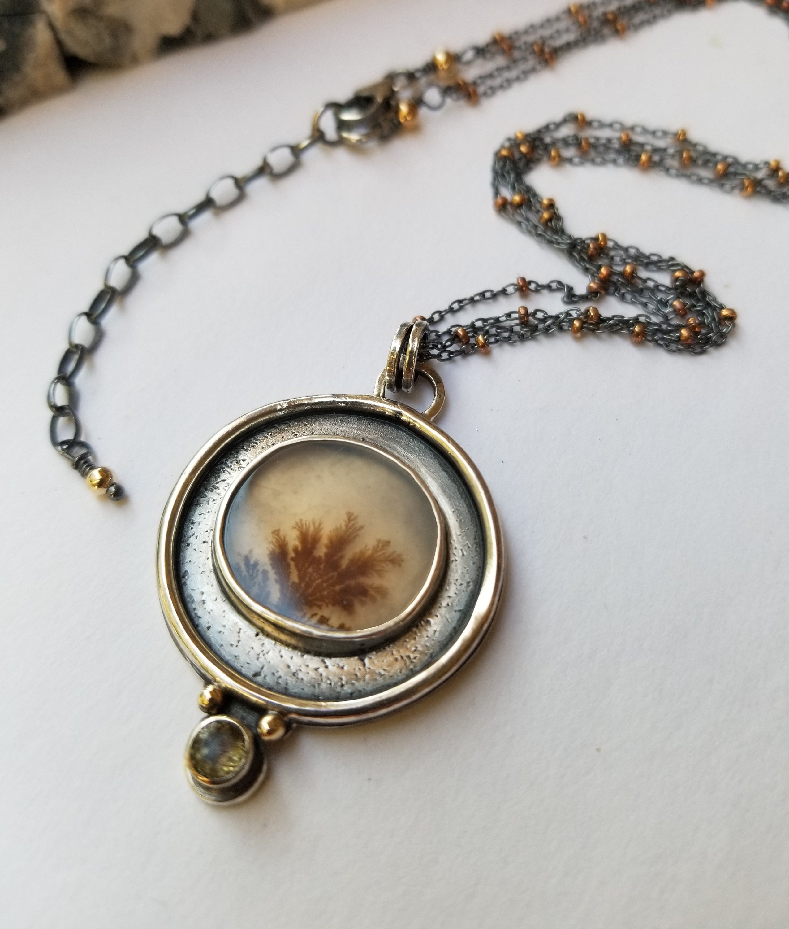 Dendritic Landscape Pendant, Sterling Silver, Faceted Tourmaline, 18K ...