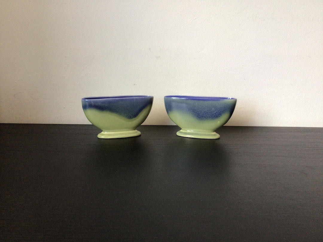 Vintage Pair of Pottery Thin Curved Vases Blue and Green - Etsy