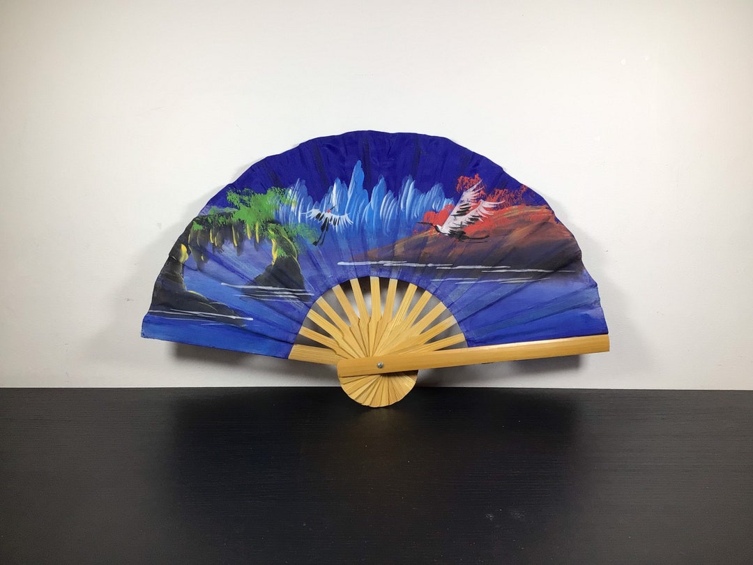 Vintage Fabric and Wood Hand Fan - Blue Fabric With Hand Painted Bird ...