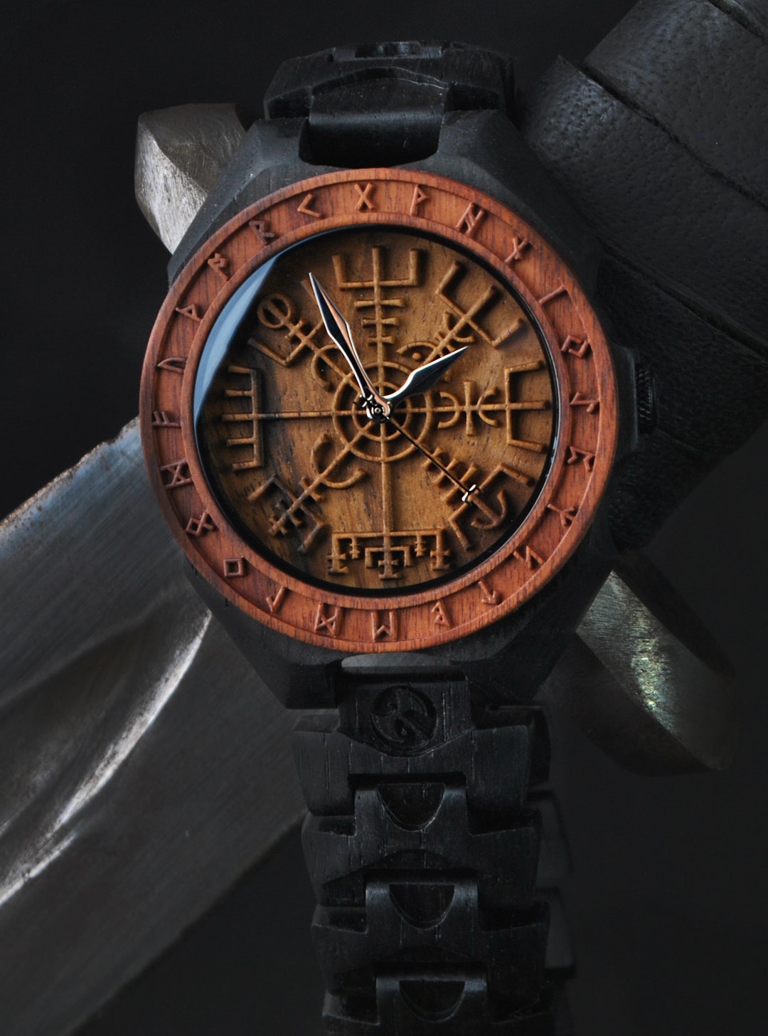 Vegvisir Viking Compass Wooden Watch - Personalized Norse Rune Gift for ...