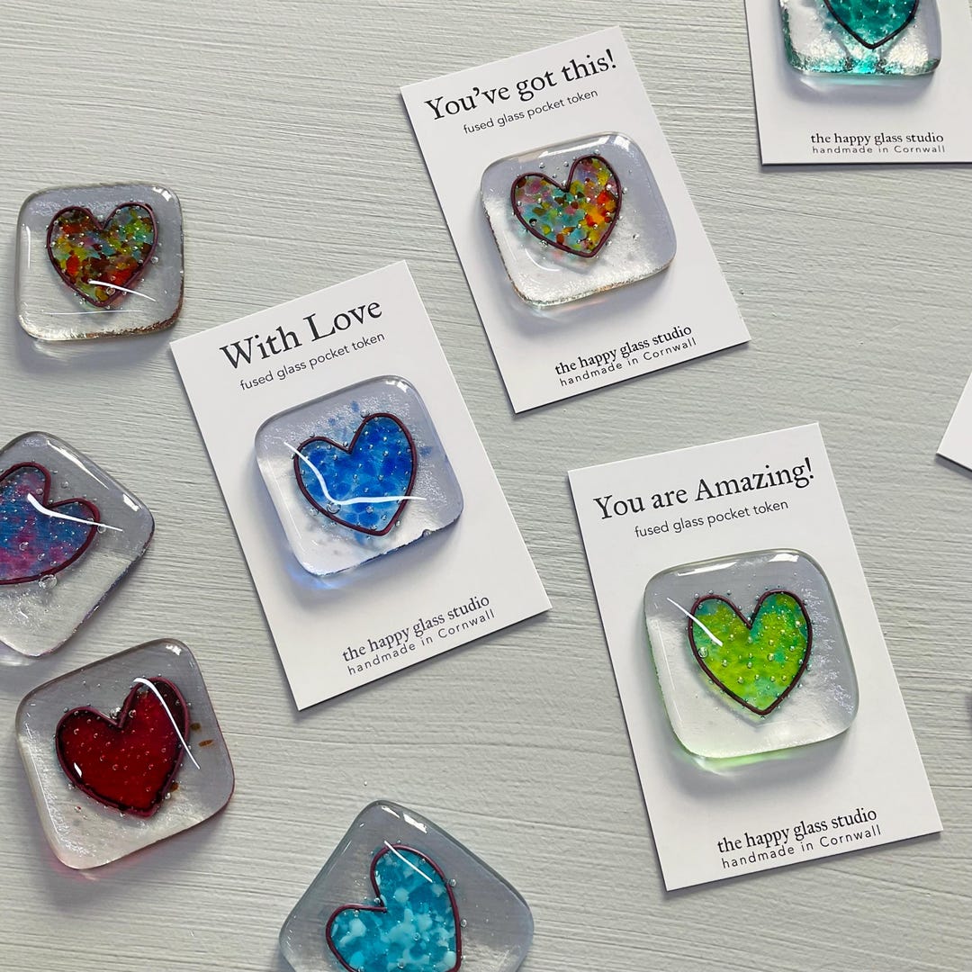 Glass Pocket Token With Message - Fused Glass Heart Token Handmade in ...