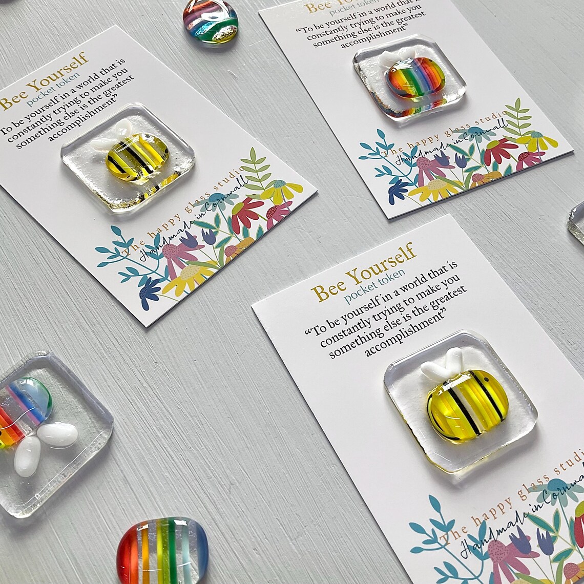 Glass Bee Pocket Token - Fused Glass Heart Token Handmade in Cornwall ...