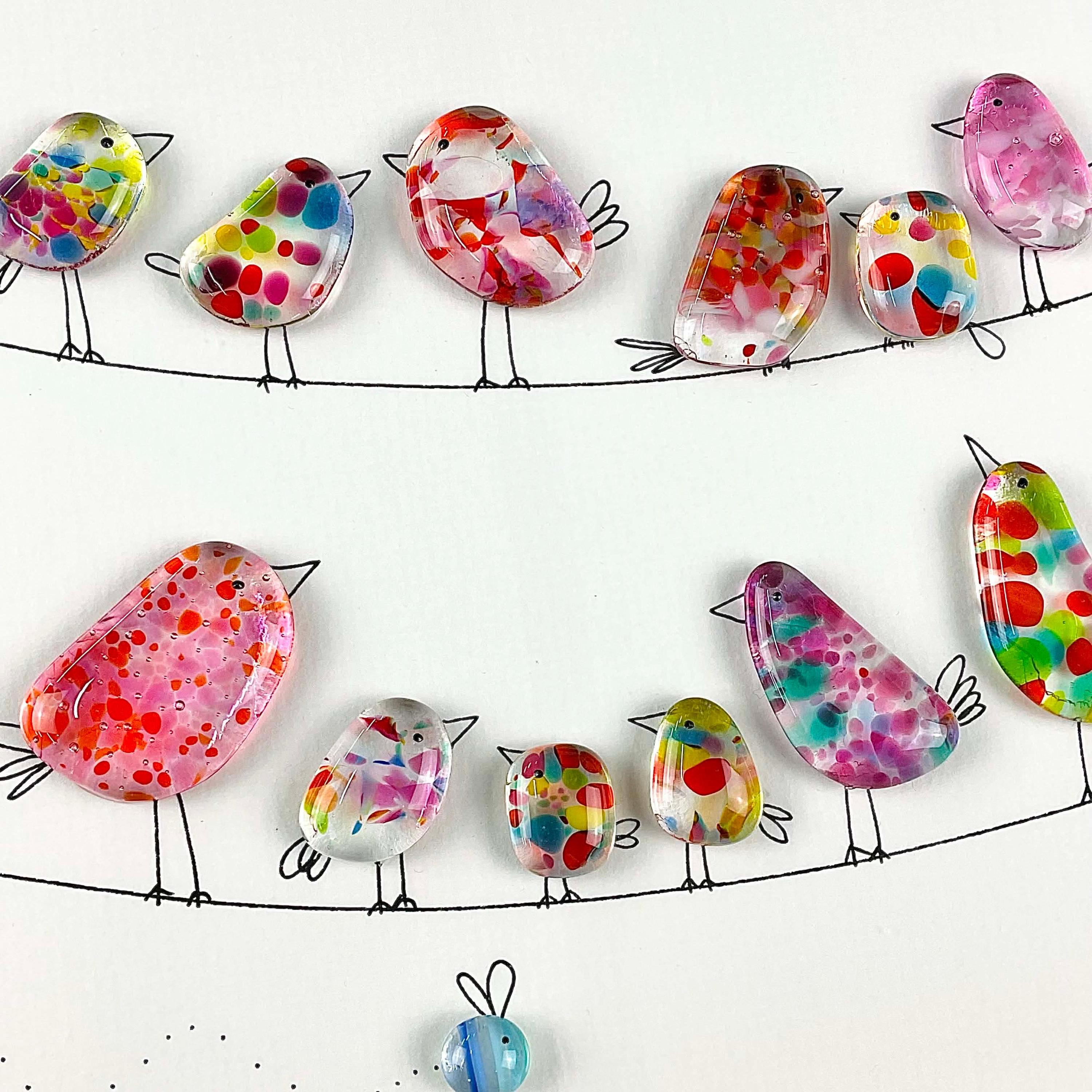 Glass Birds Wall Art - Birds on Lines Family Pebble Picture Handmade in ...