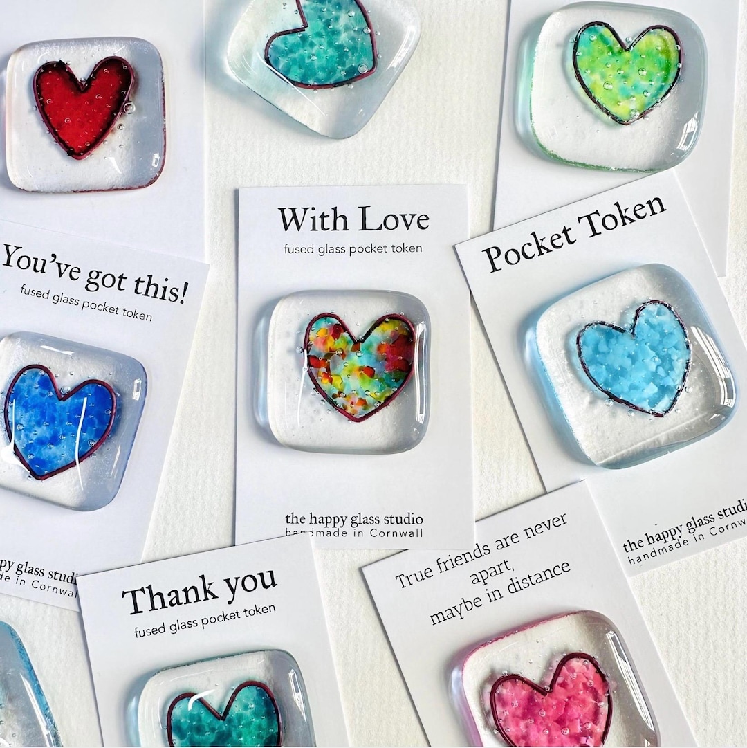 Glass Pocket Token With Message - Fused Glass Heart Token Handmade in ...